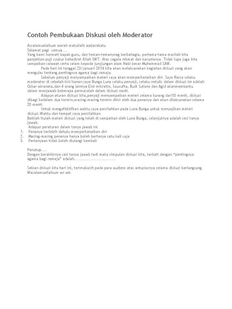 Contoh Pembukaan Diskusi Oleh Moderator | PDF | Kajian Bahasa Asing ...