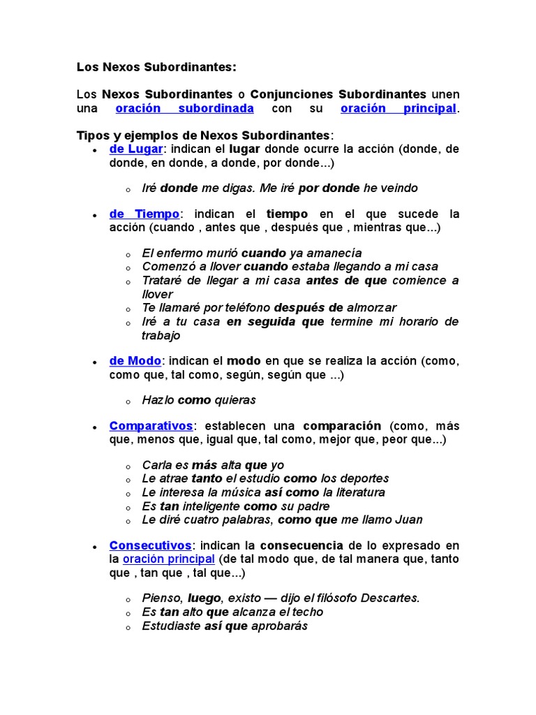 Los Nexos Subordinantes | Oración (Lingüística) | Idiomas
