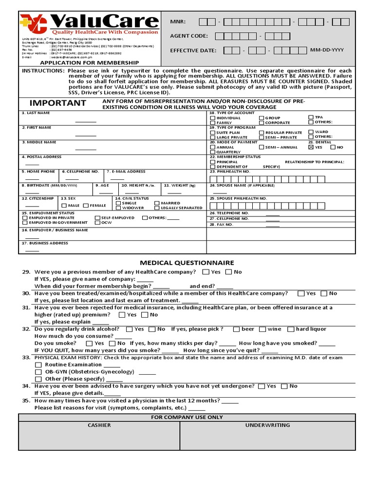 ValuCare Application Form | PDF | Chronic Condition | Hypertension