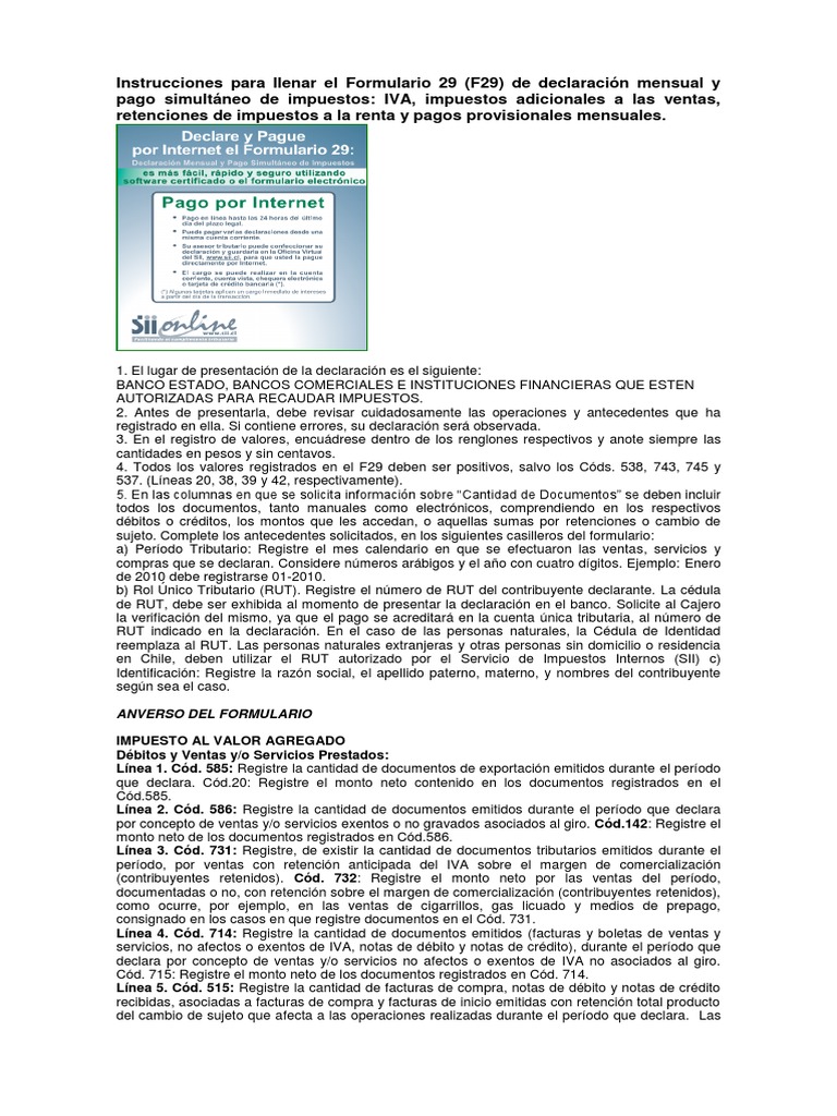 Instrucciones para llenar el Formulario 29 (F29) de declaración mensual ...
