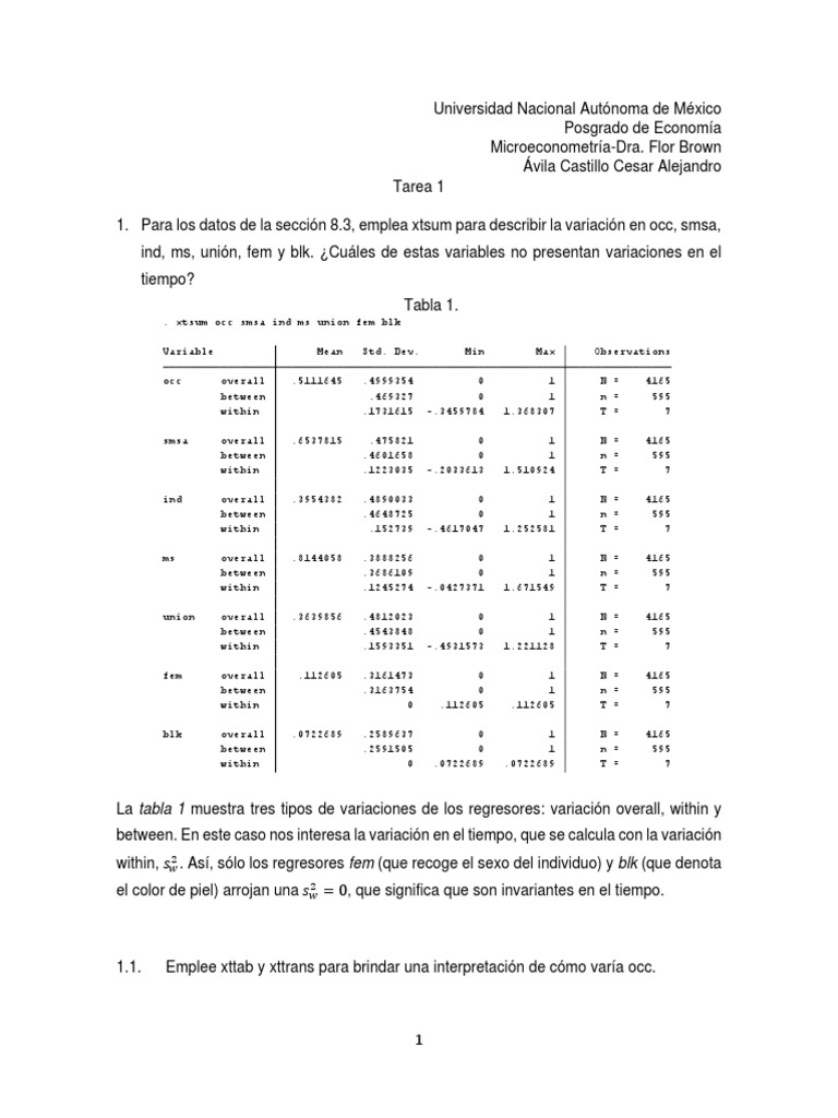 Microeconometria-Tarea 1 | PDF | Desviación Estándar | Análisis estadístico