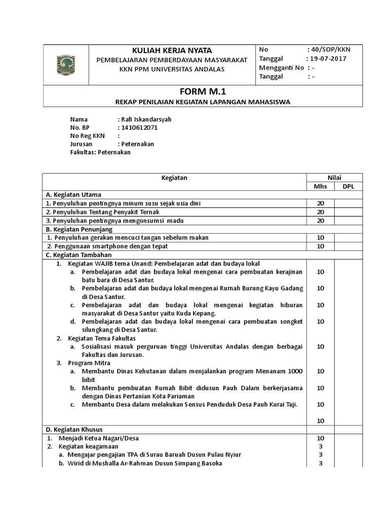 Contoh Laporan KKN Unand Form M.1 | PDF