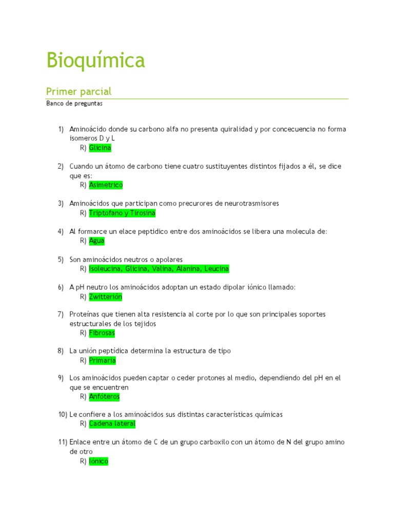 Banco de Preguntas Bioquimica 1 1 PDF | PDF | Aminoácidos | Estructura proteica