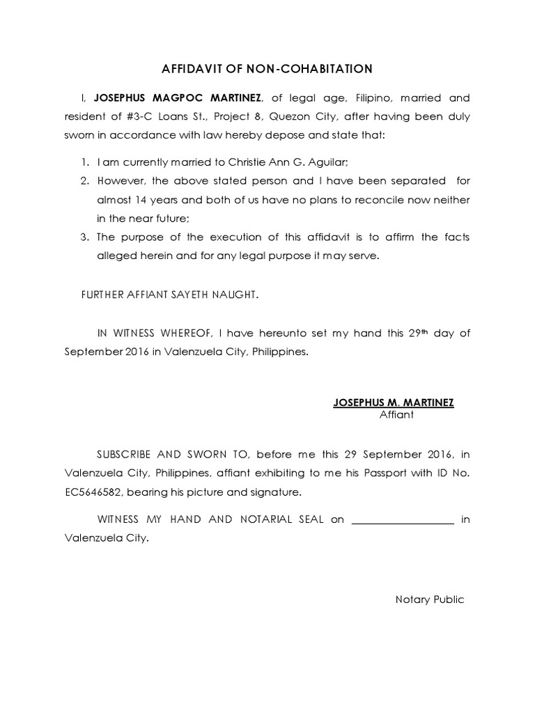 Affidavit of Non Cohabitation