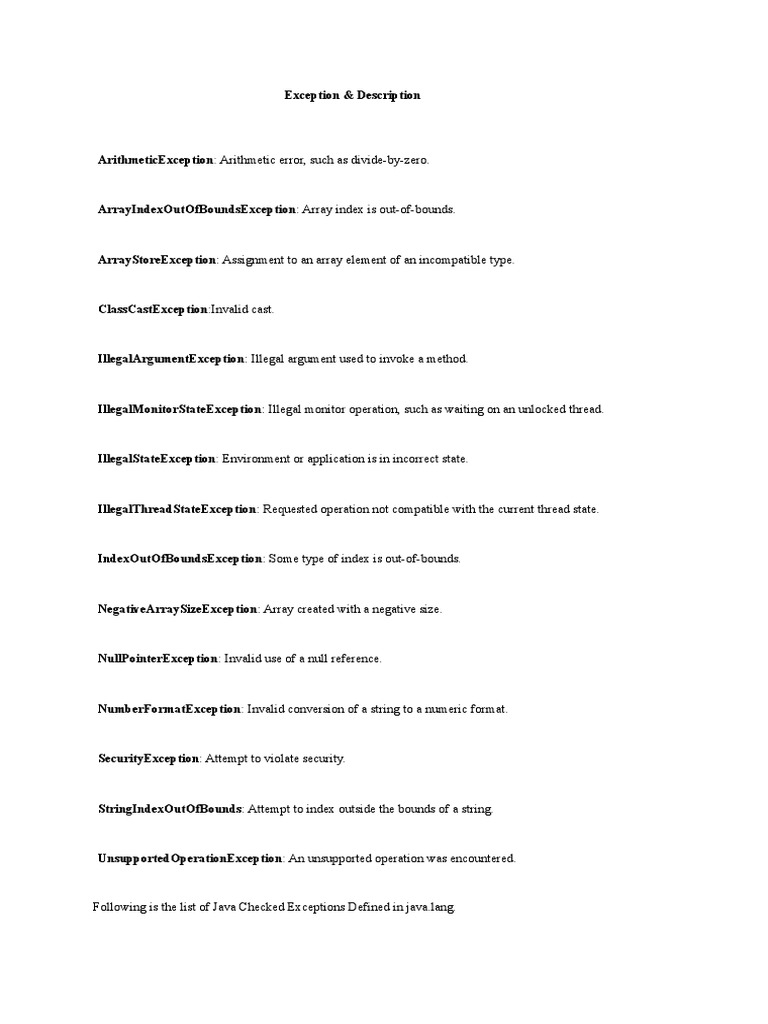 Following Is The List of Java Checked Exceptions Defined in Java - Lang ...