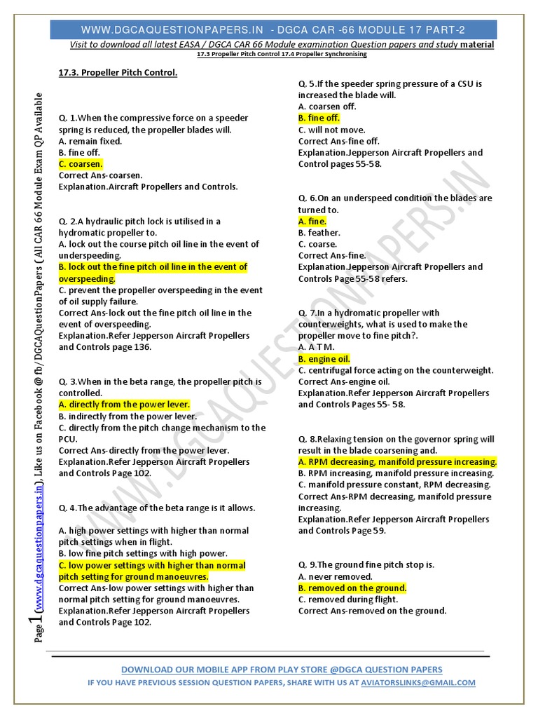 DGCA CAR-66 Module 17 Propeller Pitch and Synchronizing Questions | PDF ...