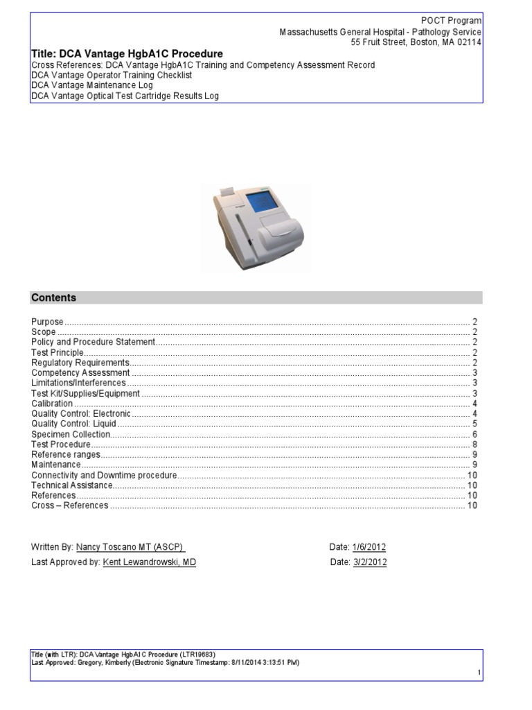 DCA Vantage HgbA1C Procedure_LTR19683 | Glycated Hemoglobin | Hemoglobin