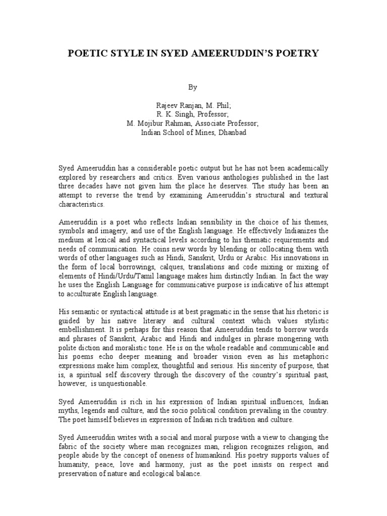 Poetic Style in Syed Ameeruddin's Poetry | PDF | Urdu | Poetry