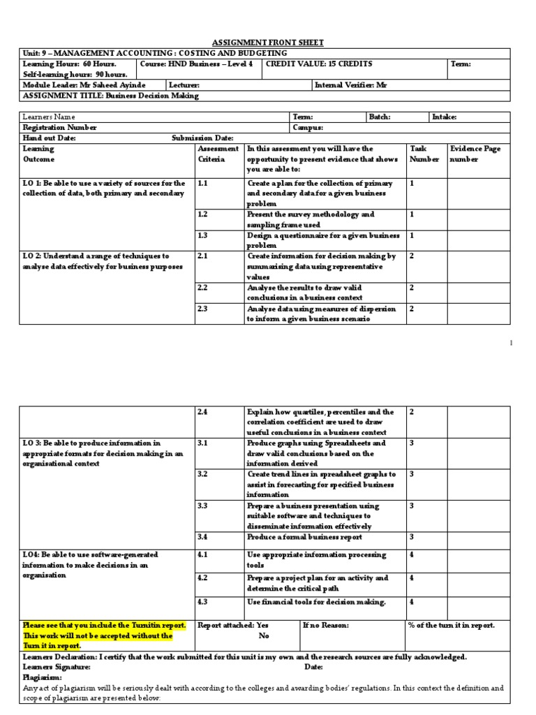 Unit 6 BDM Assignment Brief | PDF | Plagiarism | Educational Assessment
