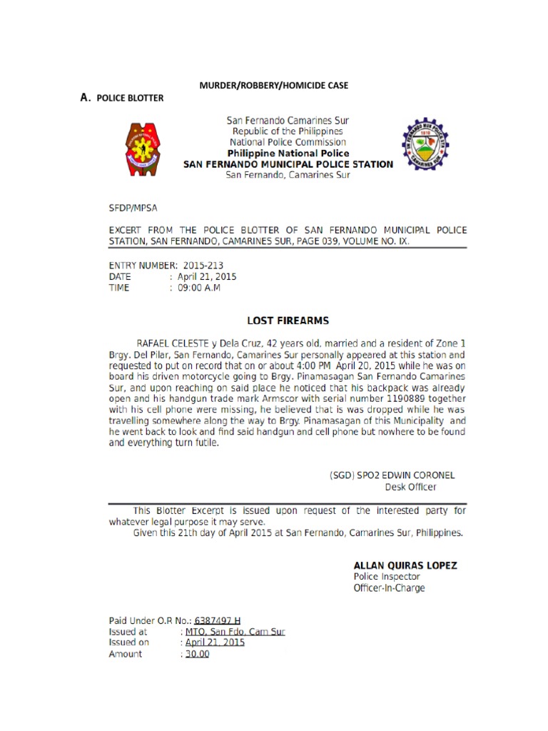 Murder/Robbery/Homicide Case Police Blotter | PDF | National Security ...