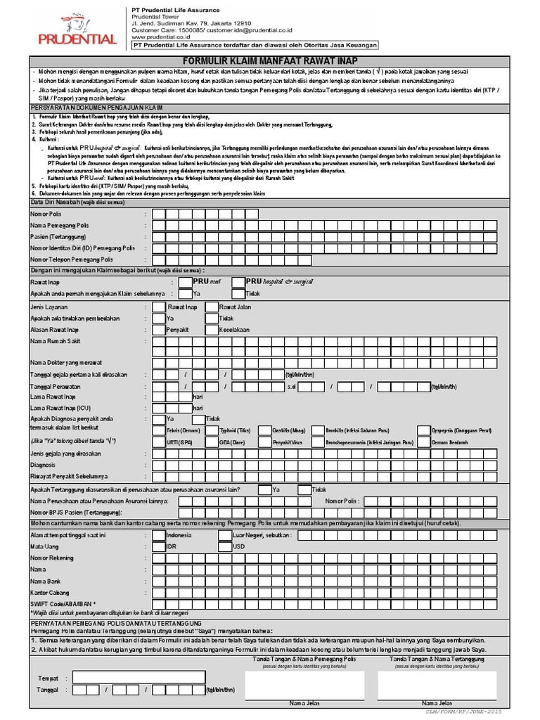 Form Klaim Manfaat Rawat Inap PDF | PDF