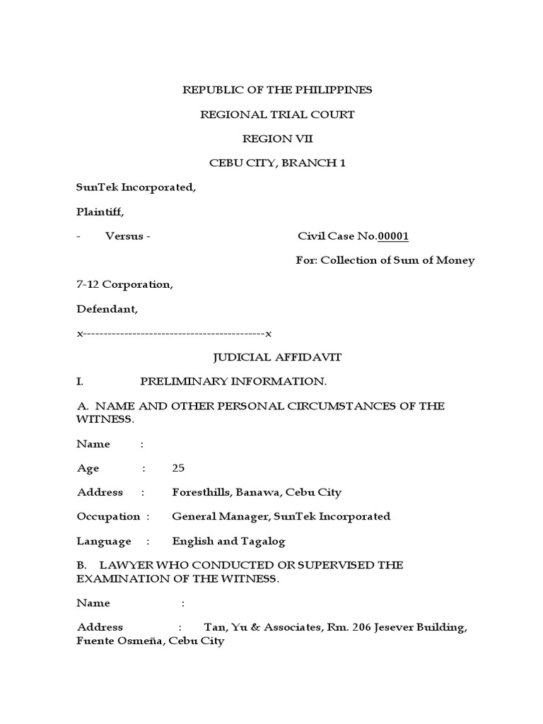 Judicial Affidavit in Support of Collection of Sum of Money from 7-12 ...