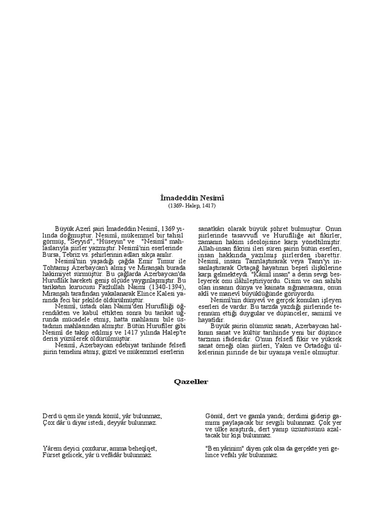 Imameddin Nesimi, Qezelleri | PDF