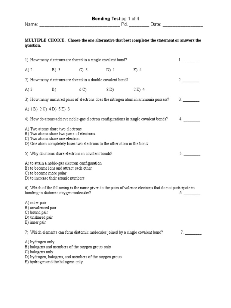 Bonding Exam | PDF | Chemical Polarity | Chemical Bond