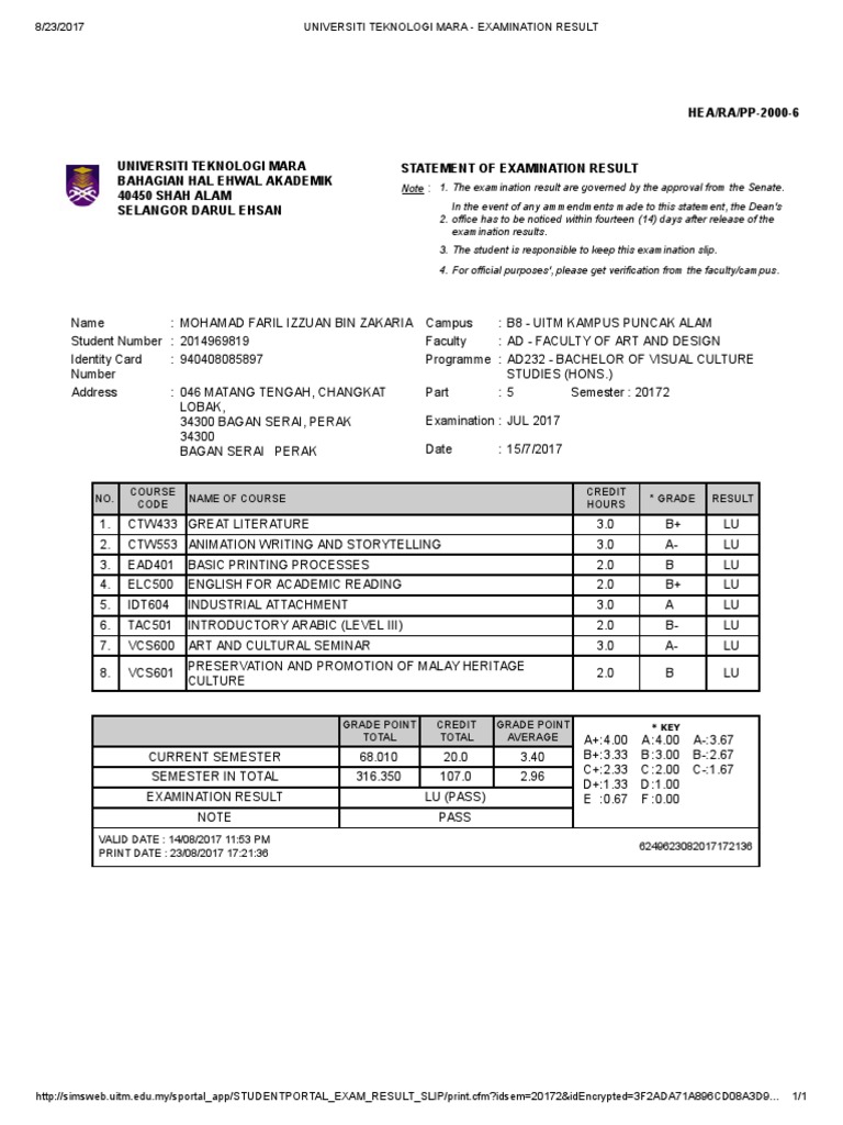UiTM Exam Results July 2017 | PDF | Academia | Behavior Modification
