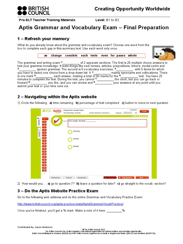 Final Preparation Aptis Grammar and Vocabulary Exam 1 PDF | PDF | Grammatical Tense | Verb