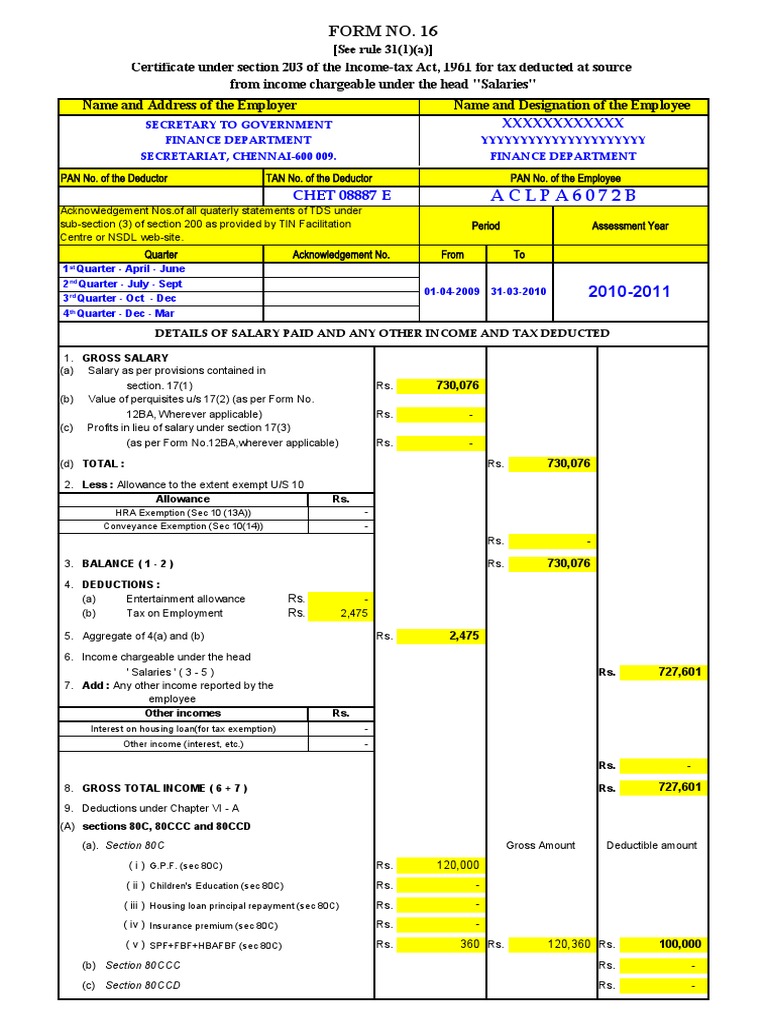 Anb Form 16 ITR (Saral II) 2010 Model | PDF | Money | Taxes