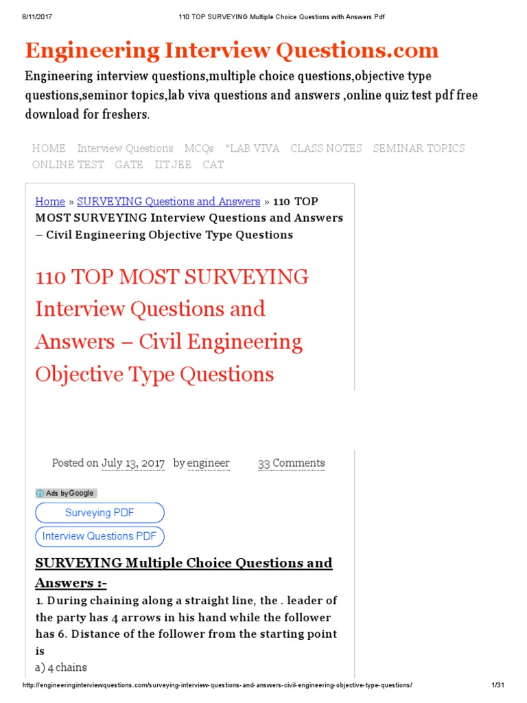 SURVEYING Multiple Choice Questions With Answers PDF | PDF | Contour ...