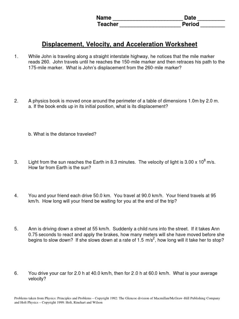 Displacement Velocity and Acceleration Practice Worksheet No Graphing ...