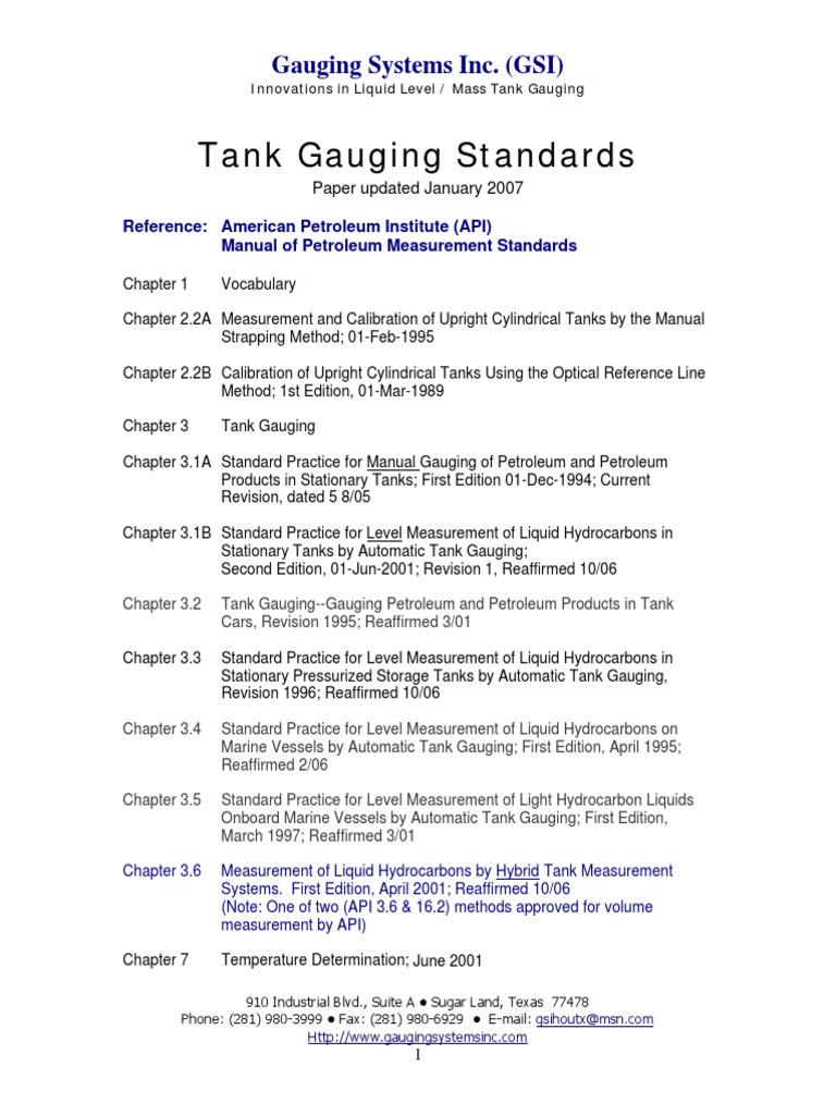 WP Tank Gauging Measurement Standards Rev. 2007 PDF | PDF