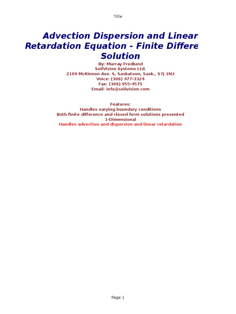 Advection Dispersion and Linear Retardation Equation - Finite Difference Solution | Download ...