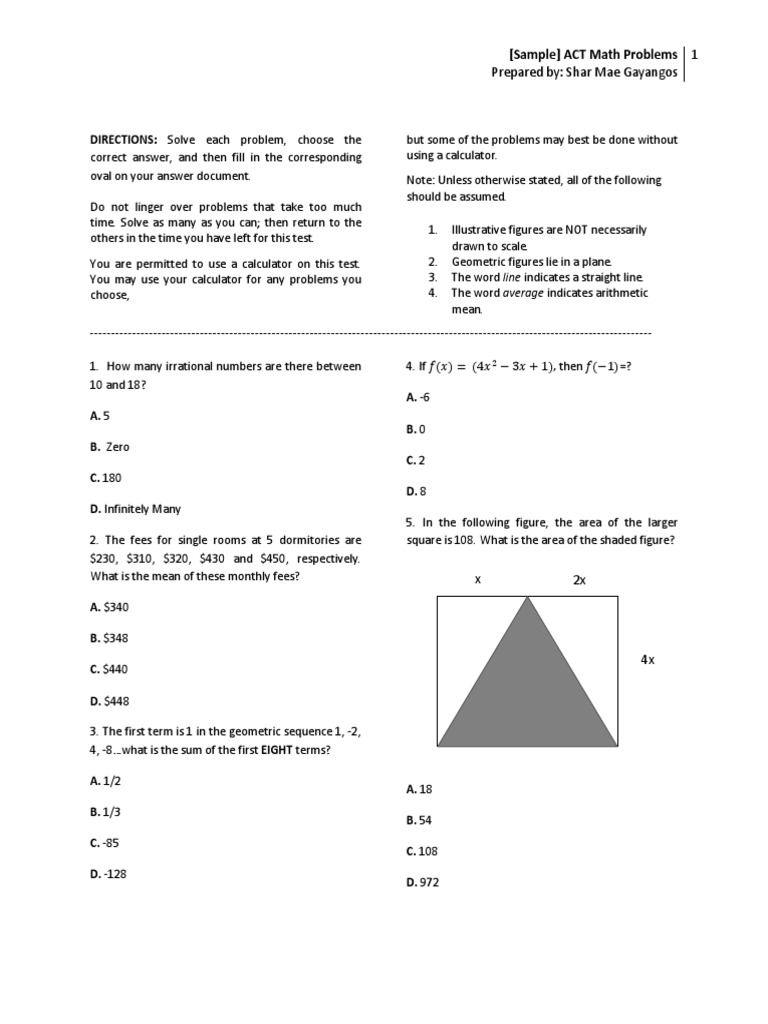 Sample ACT Math Problems PDF | PDF | Teaching Mathematics ...