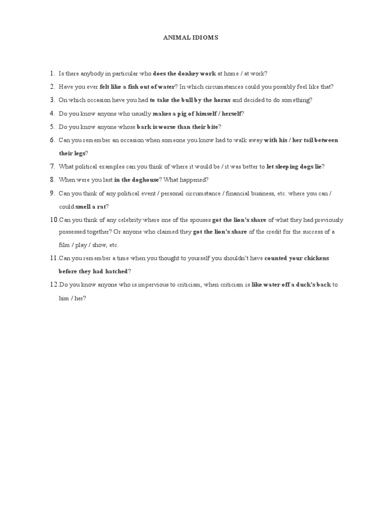 Animal Idioms - Vocabulary and Conversation | PDF | Language Arts ...