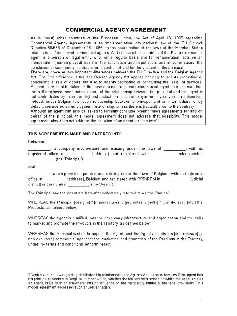Commercial Agency Agreement Template | PDF | Law Of Agency | Indemnity
