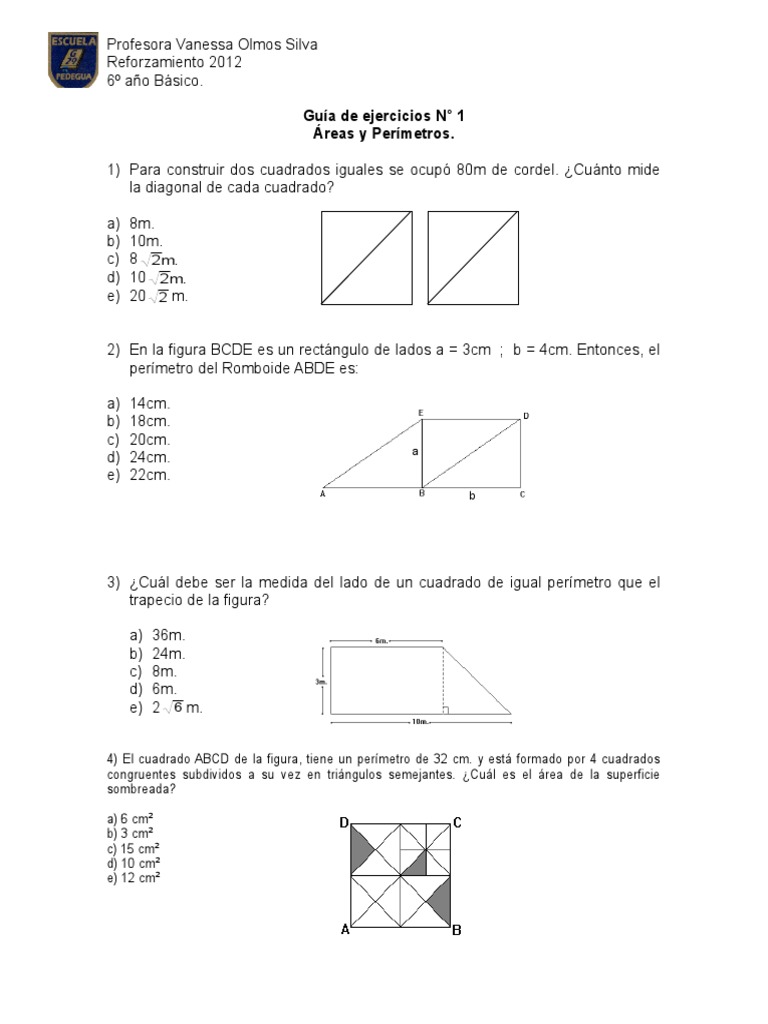 Ejercicios de Áreas y Perímetros 6° Básico | PDF | Rectángulo ...