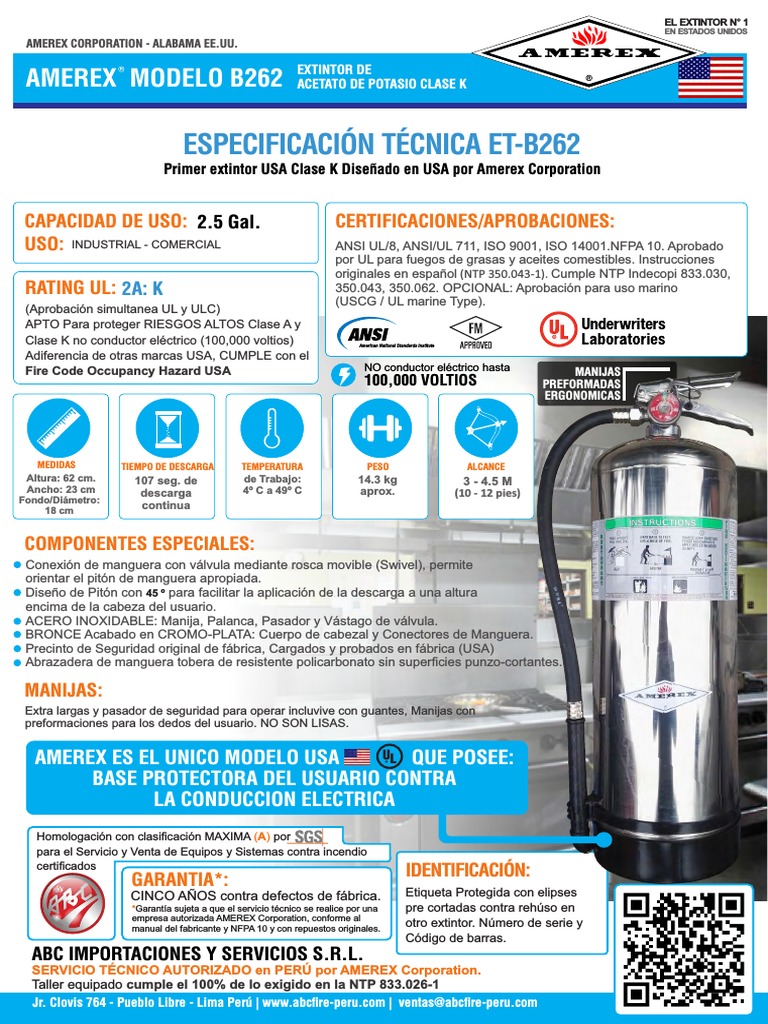 Extintor Clase K Amerex B262 Ficha Técnica | PDF | Science | Ingeniería