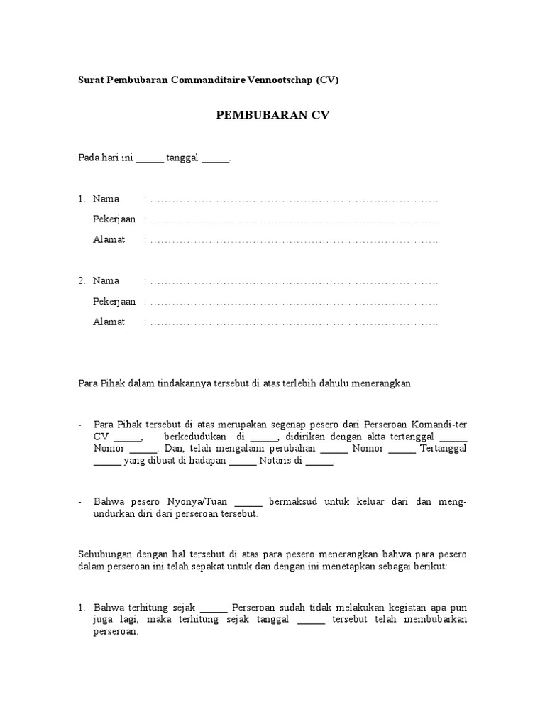Surat Pembubaran Commanditaire Vennootschap (CV) | PDF