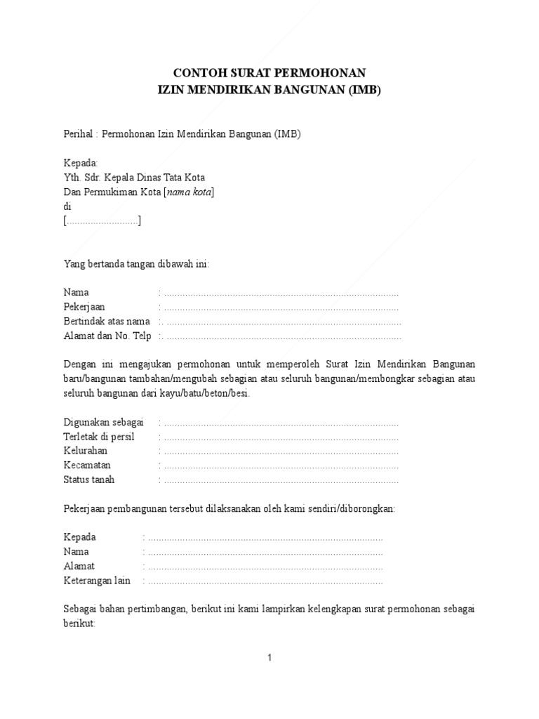 Surat Permohonan Izin Mendirikan Bangunan (Imb) | PDF