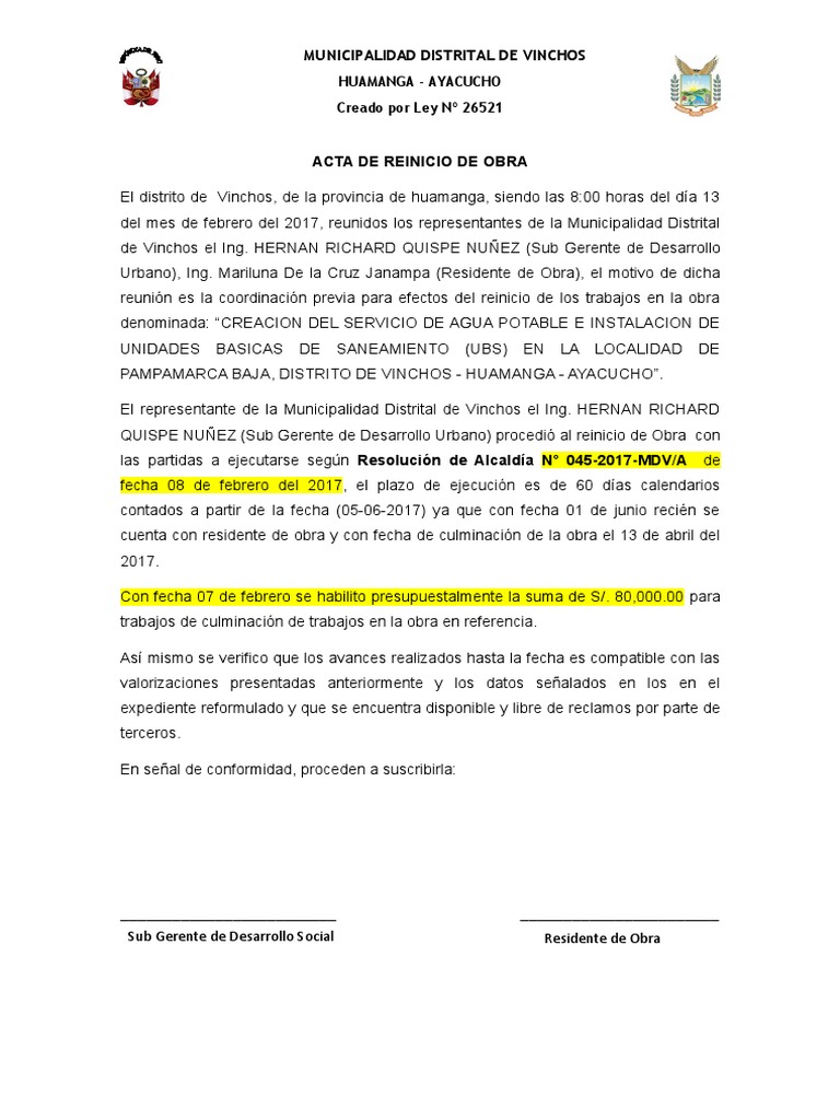 Acta de Reinicio de Obra | PDF