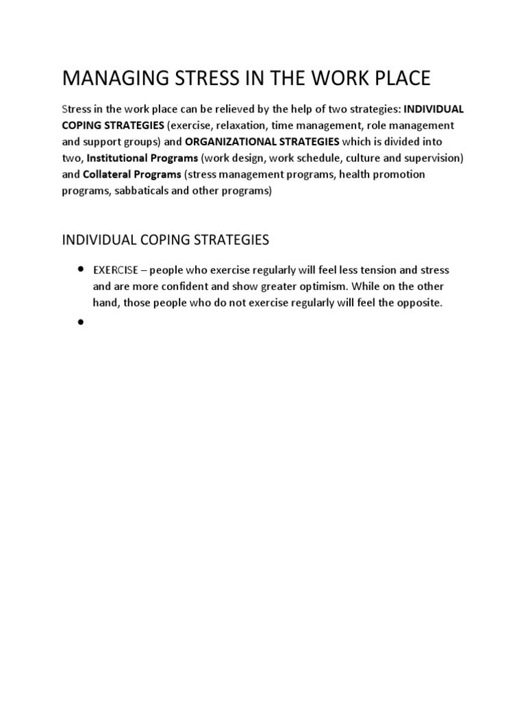 Managing Stress in The Work Place: Individual Coping Strategies | PDF