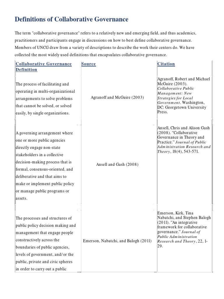 Definitions of Collaborative Governance | PDF | Governance | Cognition