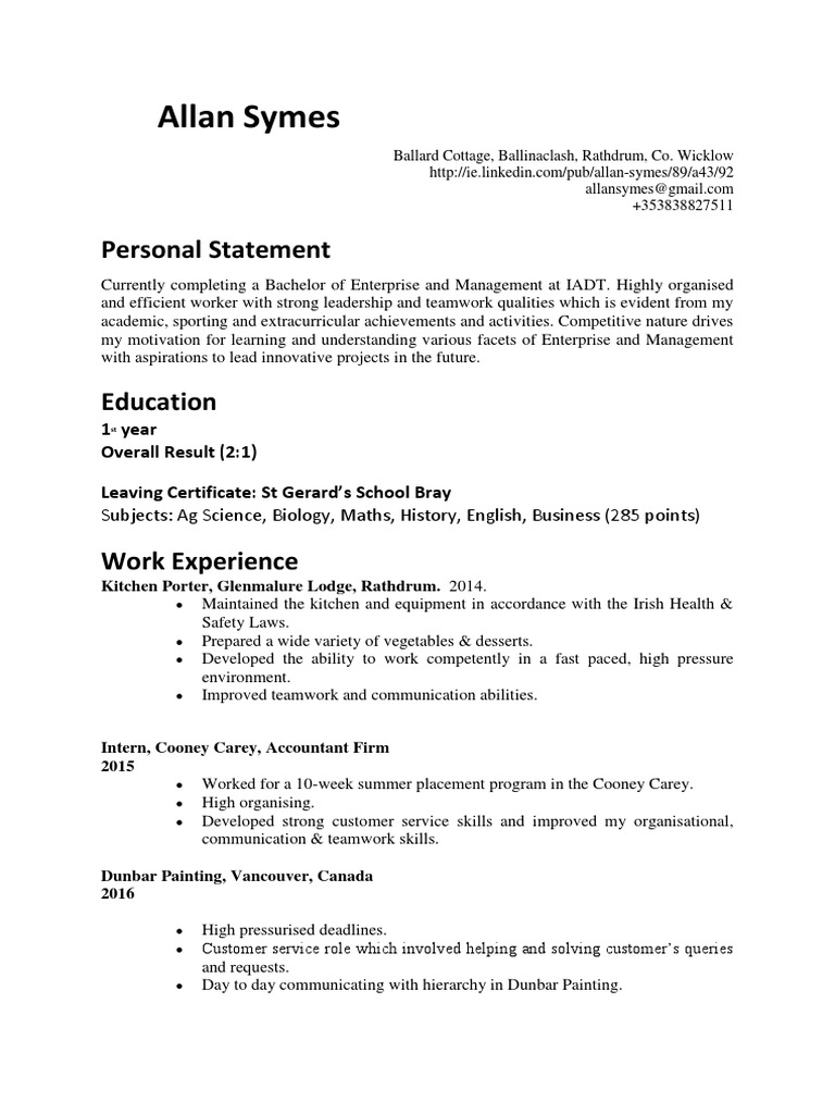 Allan Symes CV 1 | PDF | Internship | Job Hunting