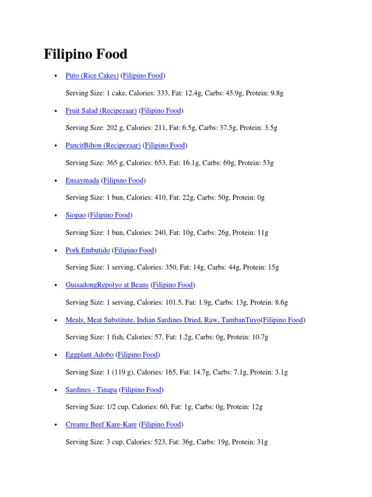 Filipino Food Calorie Guide | PDF | Foods | Cuisine