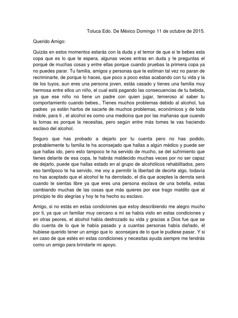 Carta A Un Alcoholico | PDF | Adultos | Depresión (estado de ánimo)