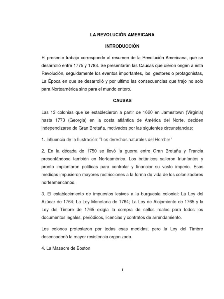 Causas y Resumen de la Revolución Americana | PDF | Declaración de ...