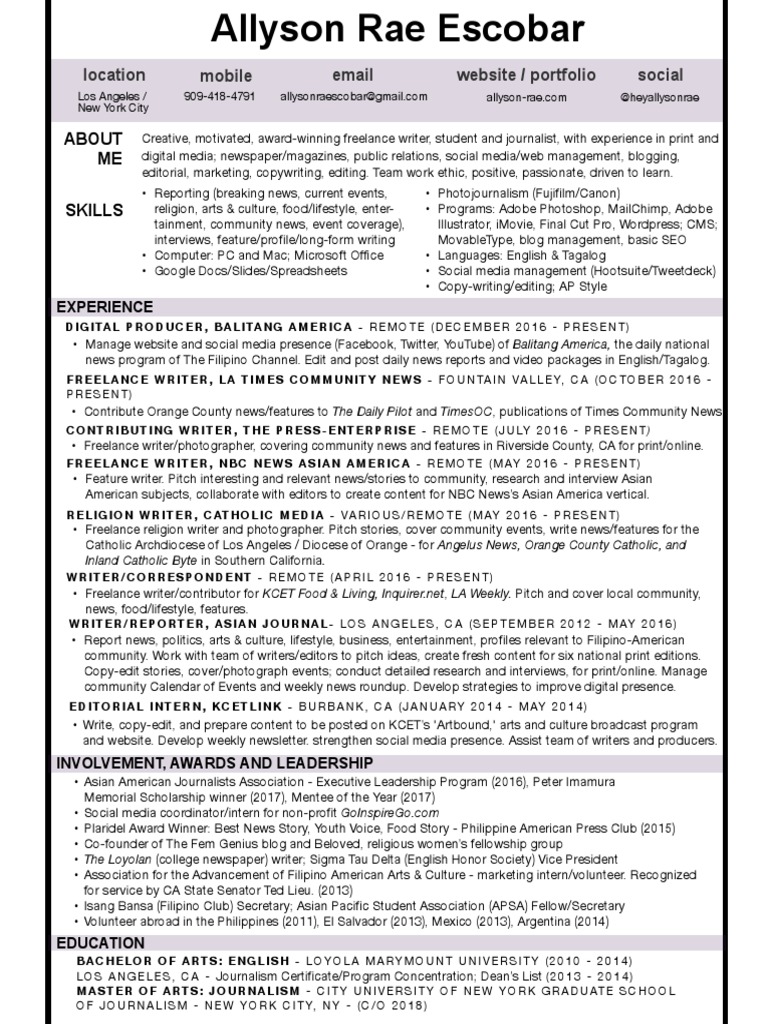 Allyson Escobar Resume | Download Free PDF | Social Media | Popular ...