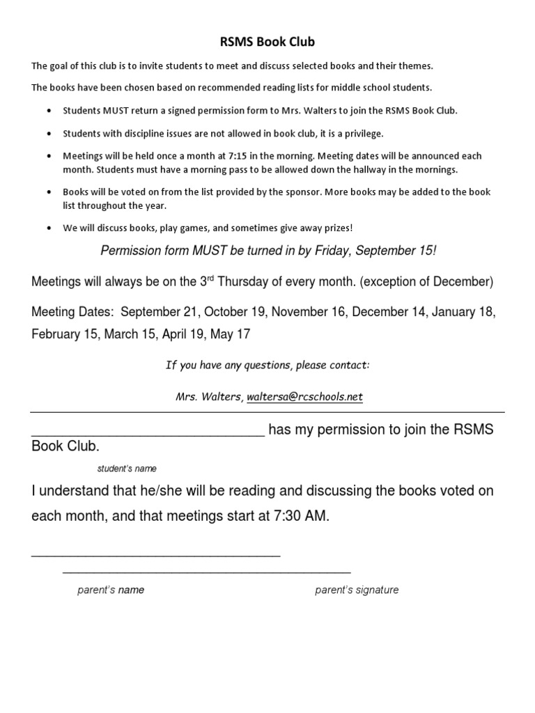 Book Club Permission Slip | PDF