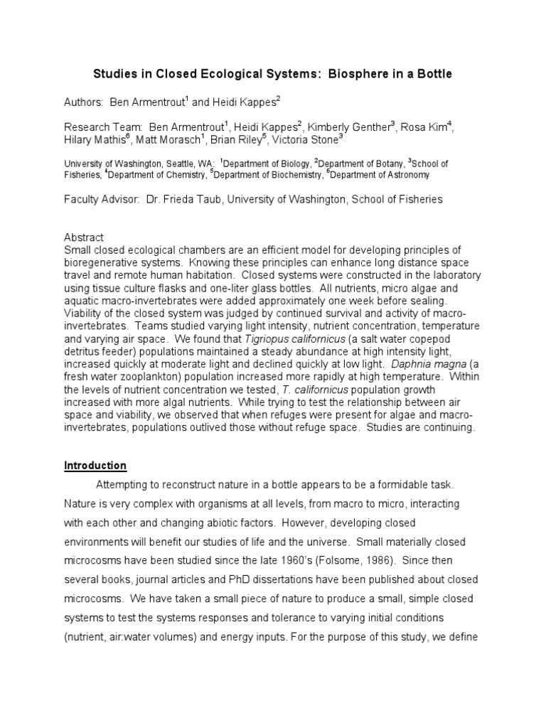Studies in Closed Ecological Systems: Biosphere in A Bottle | PDF ...