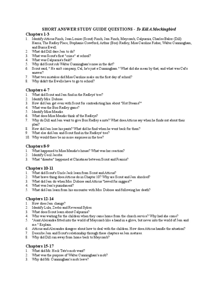 Short Answer Study Guide Questions | PDF | To Kill A Mockingbird