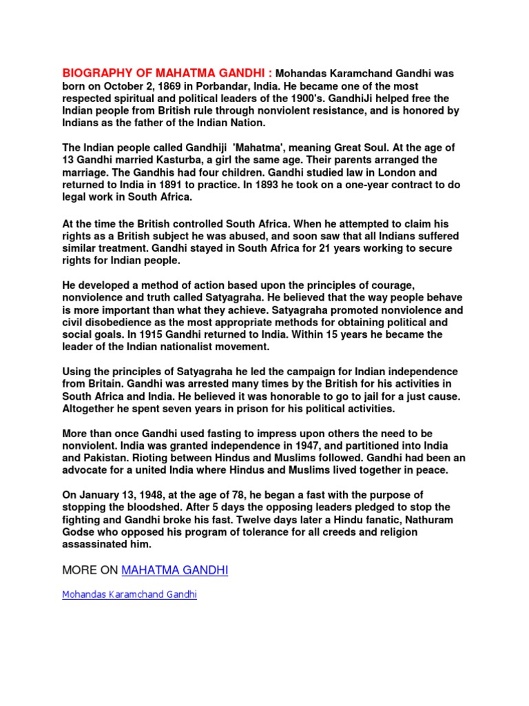 Biography of Mahatma Gandhi | PDF