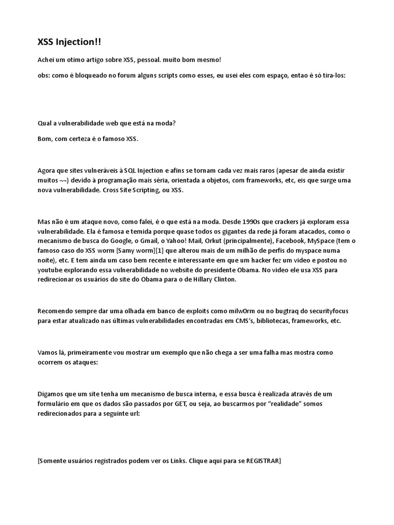 XSS Injection | PDF | Cookie de HTTP | Vulnerabilidade (informática)