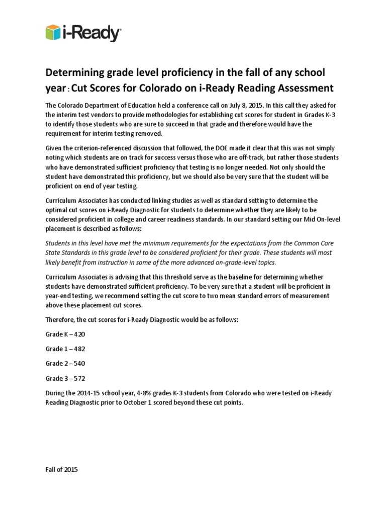 Determining Grade Level Proficiency in The Fall of Any School Year Cut ...