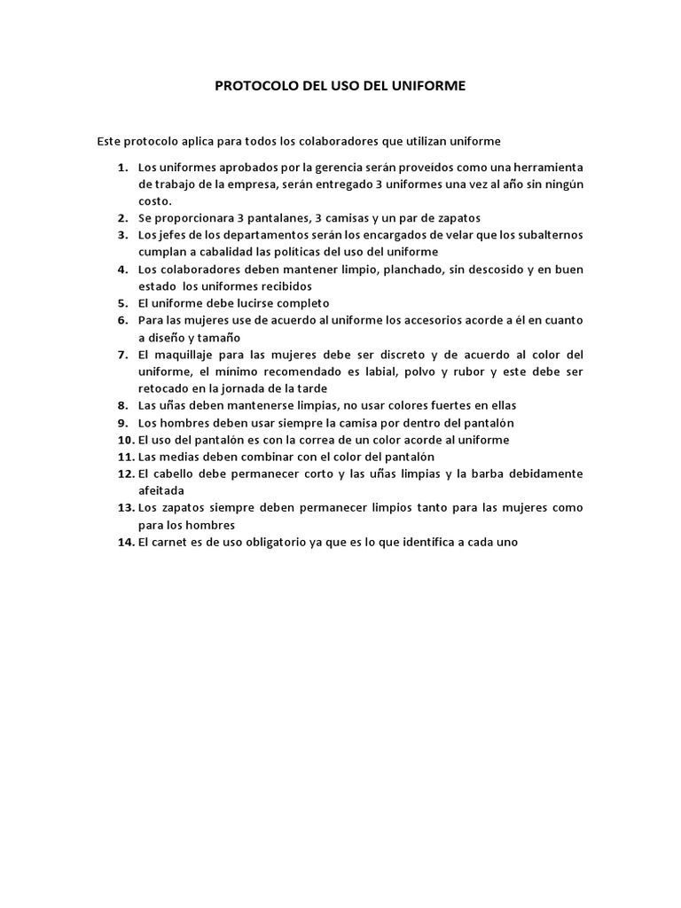 Protocolo Del Uso Del Uniforme | PDF