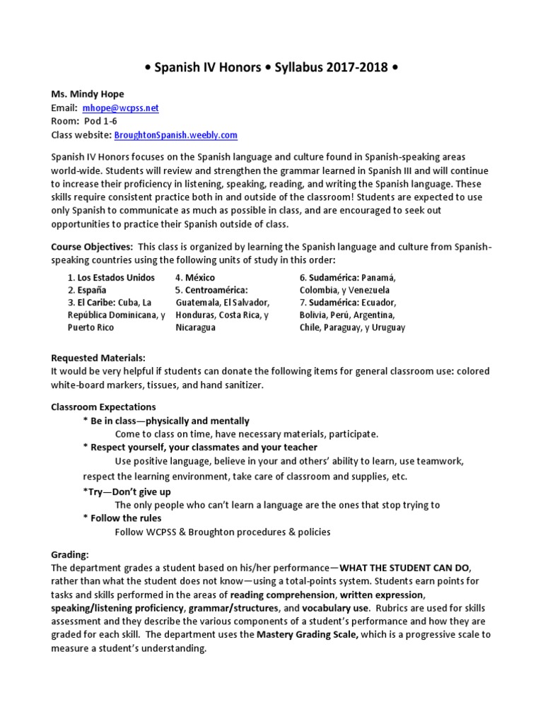Span4 Syllabus Hope 2017-18 | PDF | Homework | Spanish Language