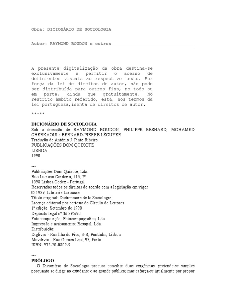 Raymond Boudon - Dicionário de Sociologia PDF | PDF | Sociologia | Estado