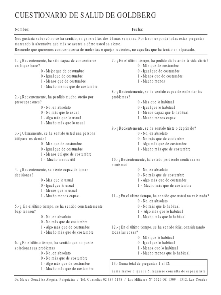 GHQ Cuestionario de Salud de Goldberg | PDF | Sicología